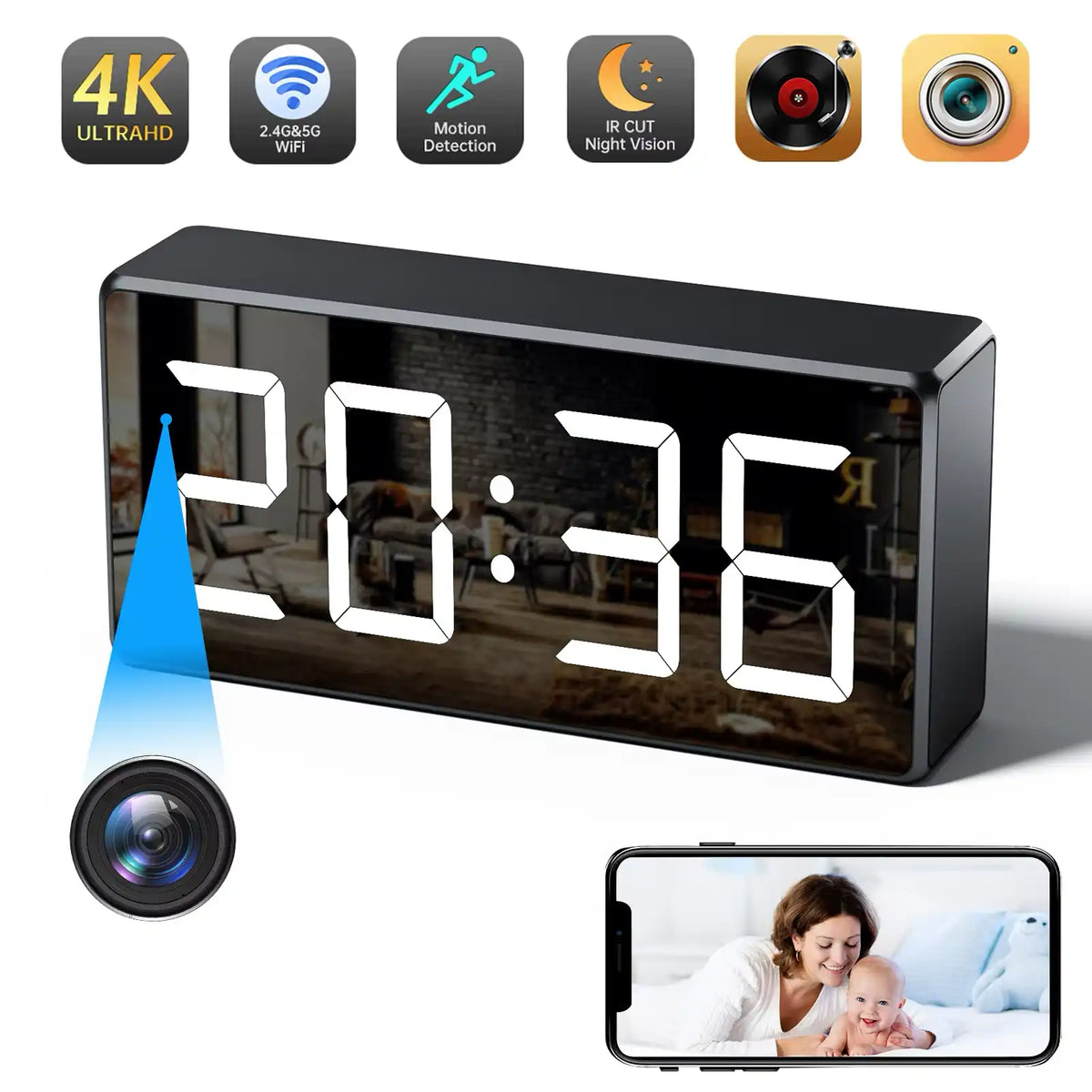 Tuya 5GHz Hidden Camera Clock | 4K 166° Wide Angle Nanny Cam